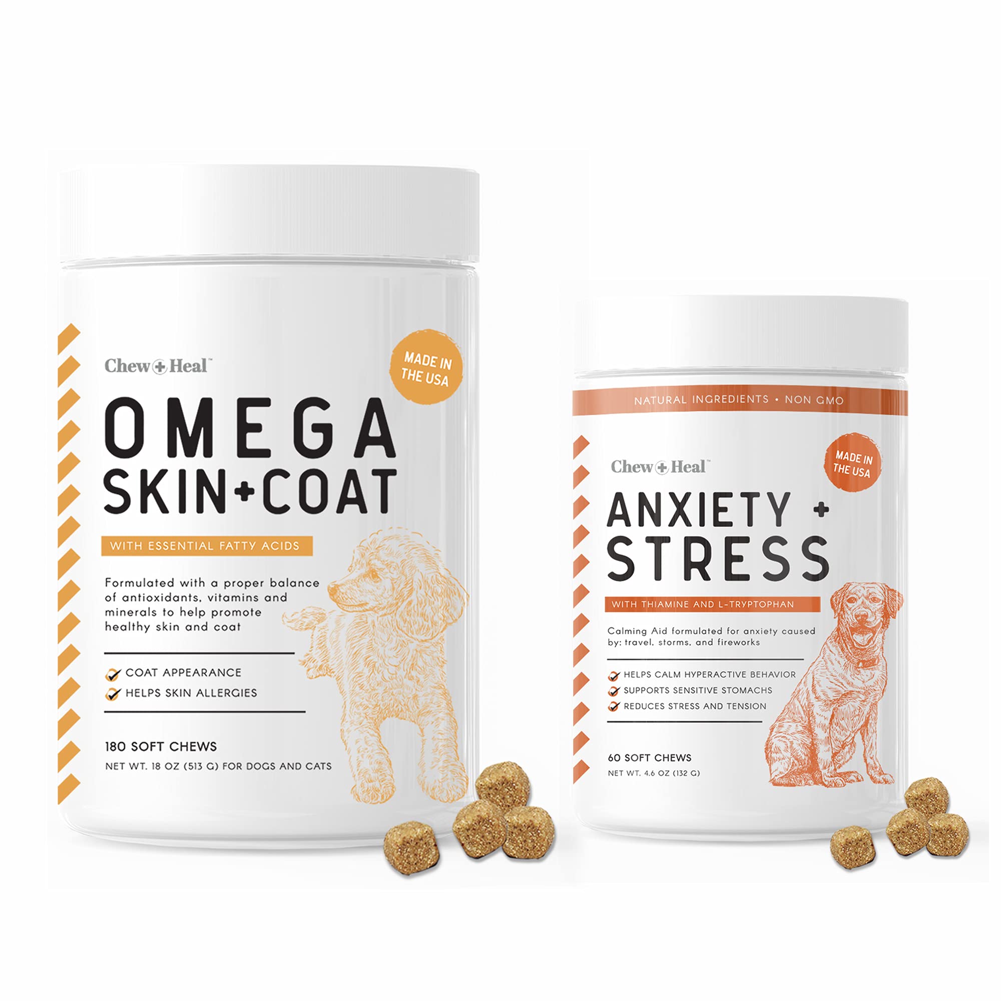 Dog Calming Treats and Salmon Oil Omega Treats for Skin and Coat -Anxiety and Stress Relief Supplement Thiamine and L-Tryptophan for Travel, Storms, Fireworks -Essential Fatty Acids, Omega 3, 6, and 9