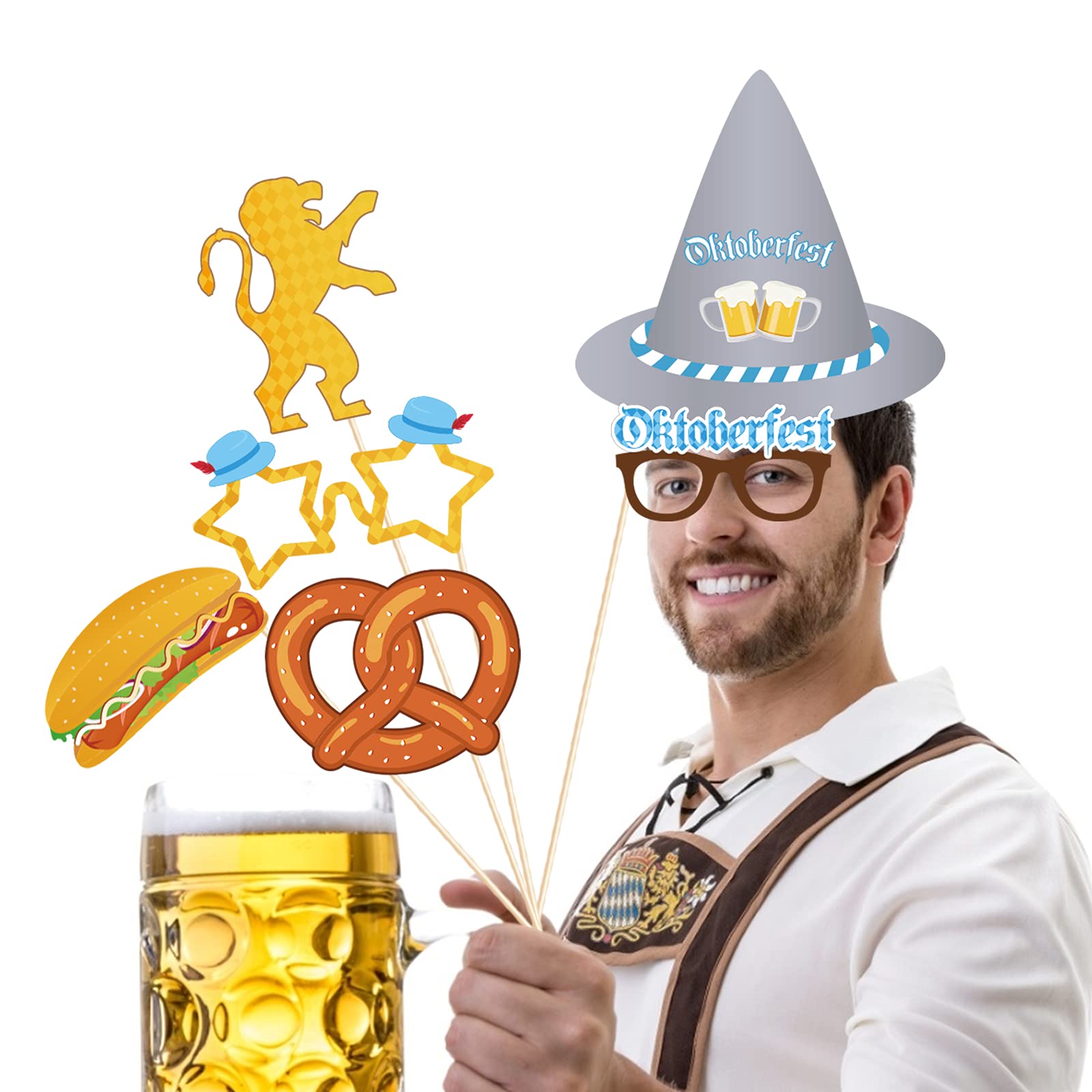 25Pcs The Munich Oktoberfest Photo Booth Props with Stick, German Oktoberfest Selfie Props, Wiesenbier Party Supplies,Sausage,Beer,Gold Dress,Leather Pants Theme Backdrop Decorations