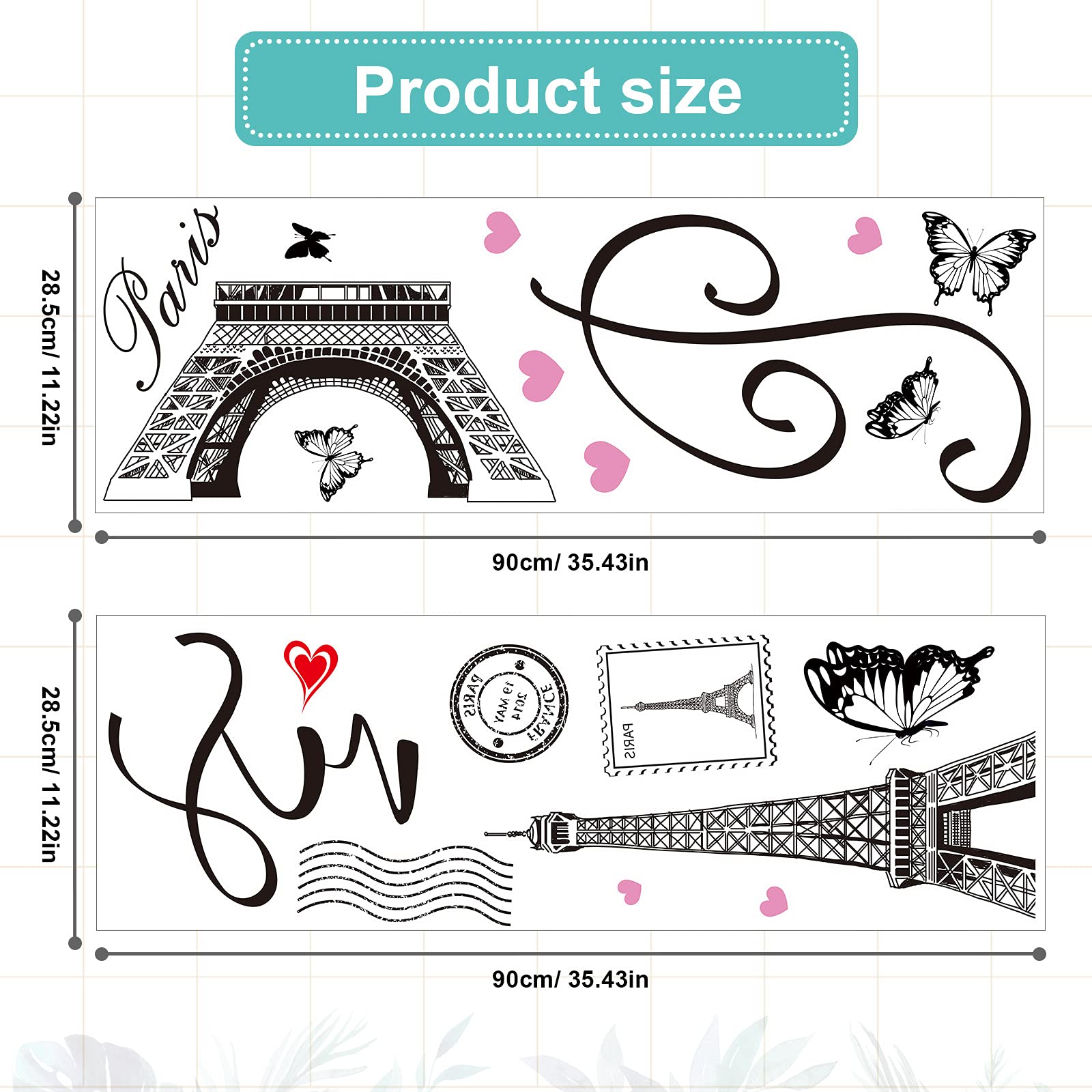 Gueevin 2 Sheets Paris Tower Wall Stickers Eiffel Tower Wall Sticker Decal Removable Paris Tower Wall Decor for Bedroom Living Room Sofa Backdrop TV Wall Romance Decoration