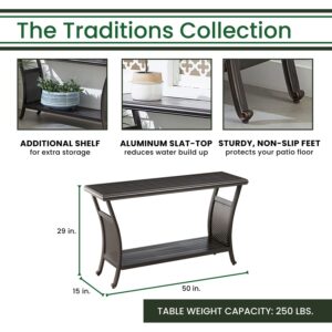 Hanover Traditions Outdoor Patio 50" Slat Top Console Table, 2 Shelf, Brushed Bronze Finish, Rust-Resistant, All-Weather