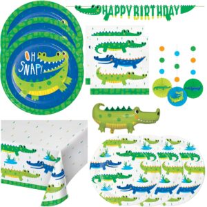 kids alligator birthday party supplies set | zoo safari disposable paper plates napkins tablecloth and crocodile decorations for 24 (85 pieces)