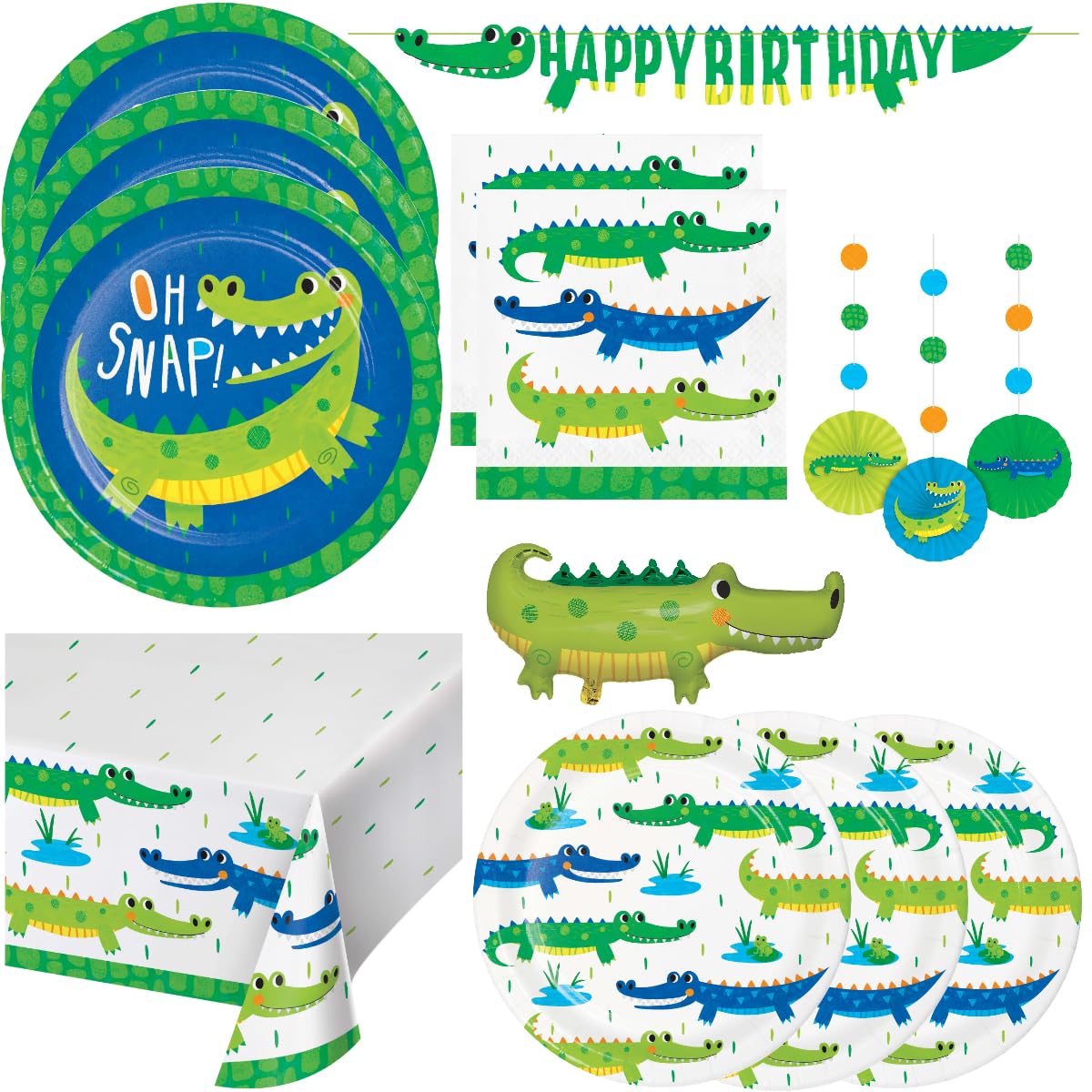 Kids Alligator Birthday Party Supplies Set | Zoo Safari Disposable Paper Plates Napkins Tablecloth and Crocodile Decorations for 24 (85 Pieces)