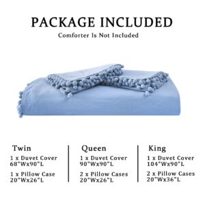 Pom Pom Duvet Cover Queen Size, Soft Washed Microfiber Duvet Cover Set, 3 Pieces Boho Duvet Cover Set with Zipper Closure, Dusty Blue, 90x90 inches