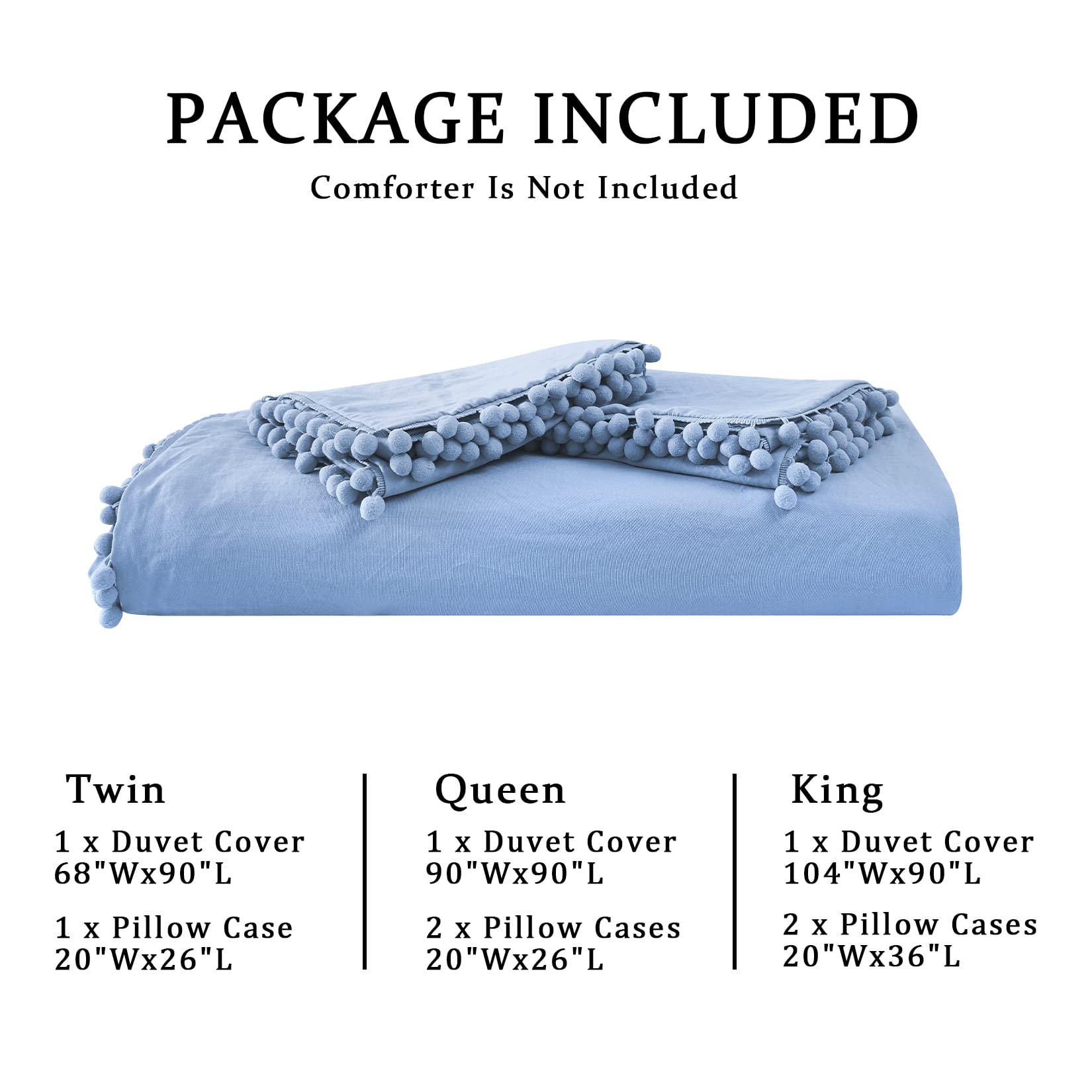 Pom Pom Duvet Cover Queen Size, Soft Washed Microfiber Duvet Cover Set, 3 Pieces Boho Duvet Cover Set with Zipper Closure, Dusty Blue, 90x90 inches