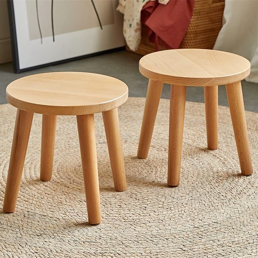 Natural Solid Wood Step Stool Plant Stand Round Footrest 10 inch Portable Detachable Legs Vanity Stool, Small (Roundstool-Natural-262626)