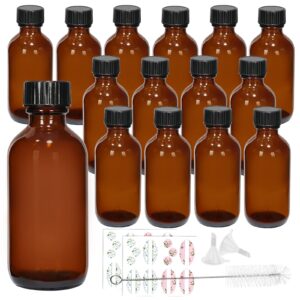 15 pack glass amber boston bottles with black poly cone cap, 2 oz round glass bottle for essential oil, perfume and liquid, contains 24 colored labels, 2 funnels, 1 brush