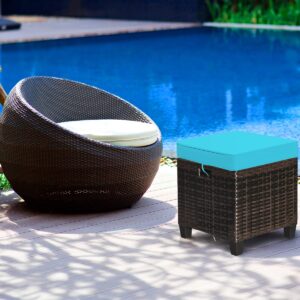 CLEEMAN Outdoor Ottoman Set of 2, All Weather Rattan Wicker Patio Ottoman w/Removable Cushions, Outdoor Footstool Footrest for Patio Garden Porch Poolside (Turquoise)