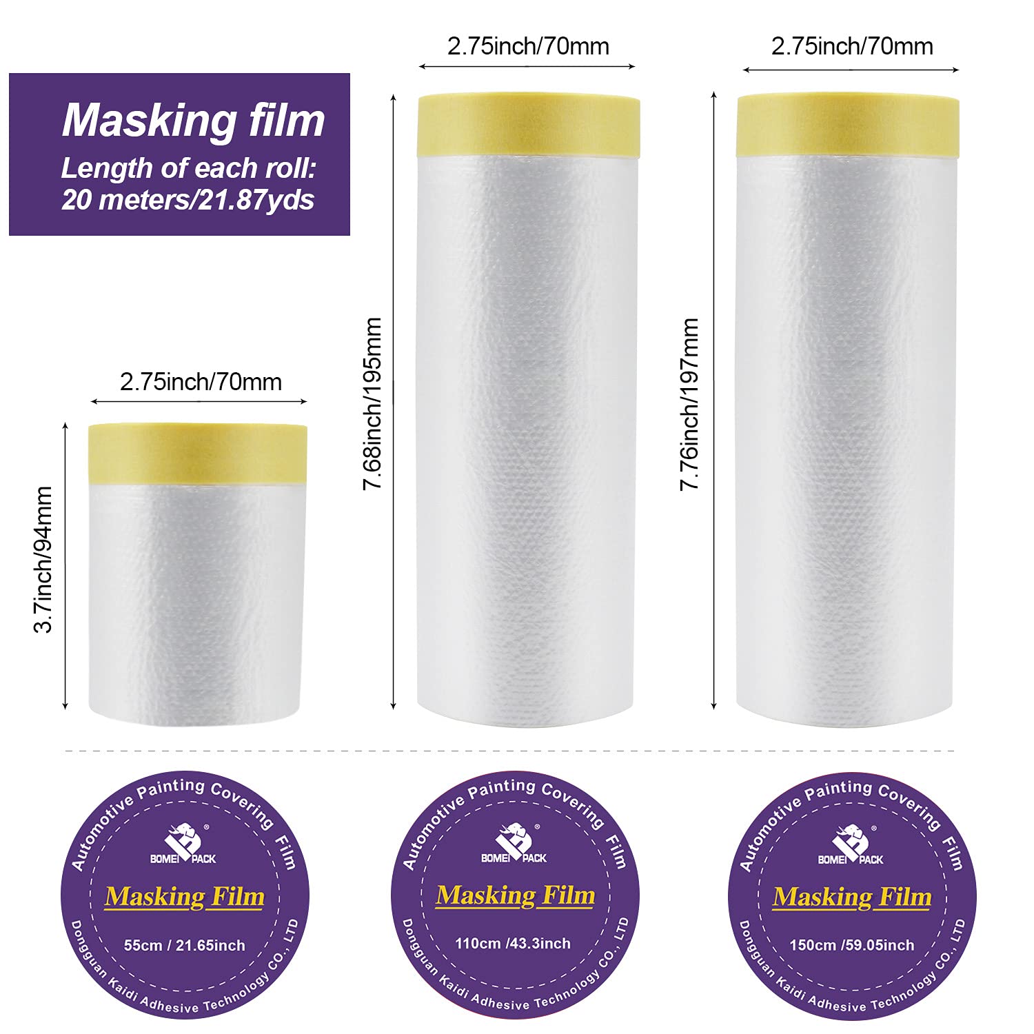 BOMEI PACK 6Rolls Pre-Taped Masking Film, Tape and Drape for Automotive Painting Covering, 3 Multi Size x 66Feet/ Roll