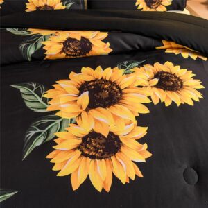 NTBED Black Sunflowers Comforter Set Queen Yellow Floral Botanical 3-Pieces Microfiber Bedding Quilt for Girls Teens (Black, Queen)