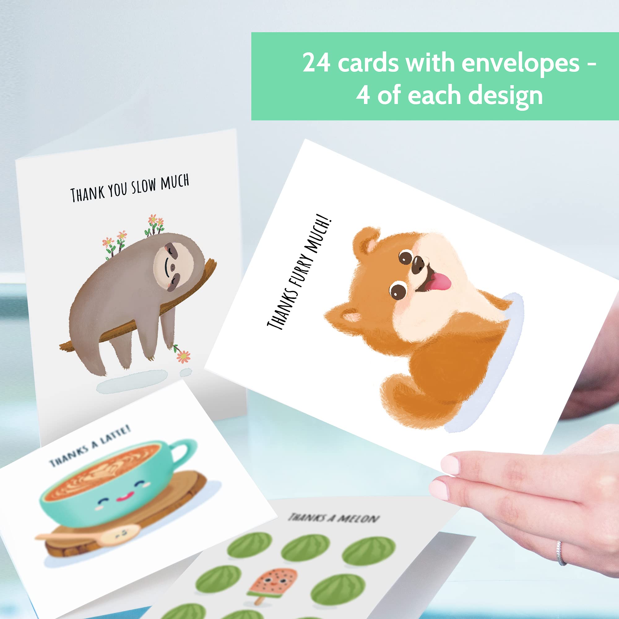 24 Funny Thank You Cards With Envelopes - Fun Animals Punny Thank You Cards Kids Friendly - Cute Thank You Notes for Teachers and Students - Say Thanks a Melon, Thanks a Latte, and More Puns