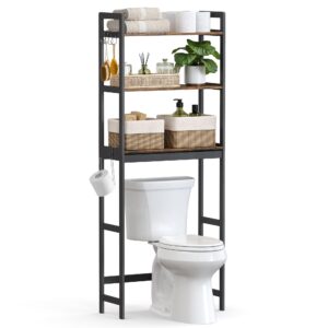 songmics over-the-toilet storage, 3-tier bathroom organizer over toilet with adjustable shelves, hooks, bamboo, freestanding space saver bathroom shelves, rustic brown and ink black ubts012b01