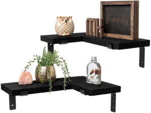 mkono corner wall shelves rustic wooden floating corner shelves display l shapped storage organizer displays for home living room barthroom bedroom office, set of 2, black