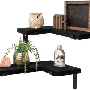 Mkono Corner Wall Shelves Rustic Wooden Floating Corner Shelves Display L Shapped Storage Organizer Displays for Home Living Room Barthroom Bedroom Office, Set of 2, Black