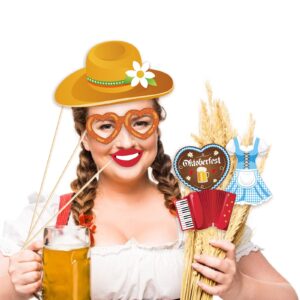 25Pcs The Munich Oktoberfest Photo Booth Props with Stick, German Oktoberfest Selfie Props, Wiesenbier Party Supplies,Sausage,Beer,Gold Dress,Leather Pants Theme Backdrop Decorations