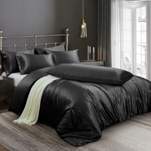 ersmak 6 pieces satin duvet cover full/queen size luxury silky bedding duvet cover set with 1 soft duvet cover, 4 queen pillowcases and 1 body pillowcase, black