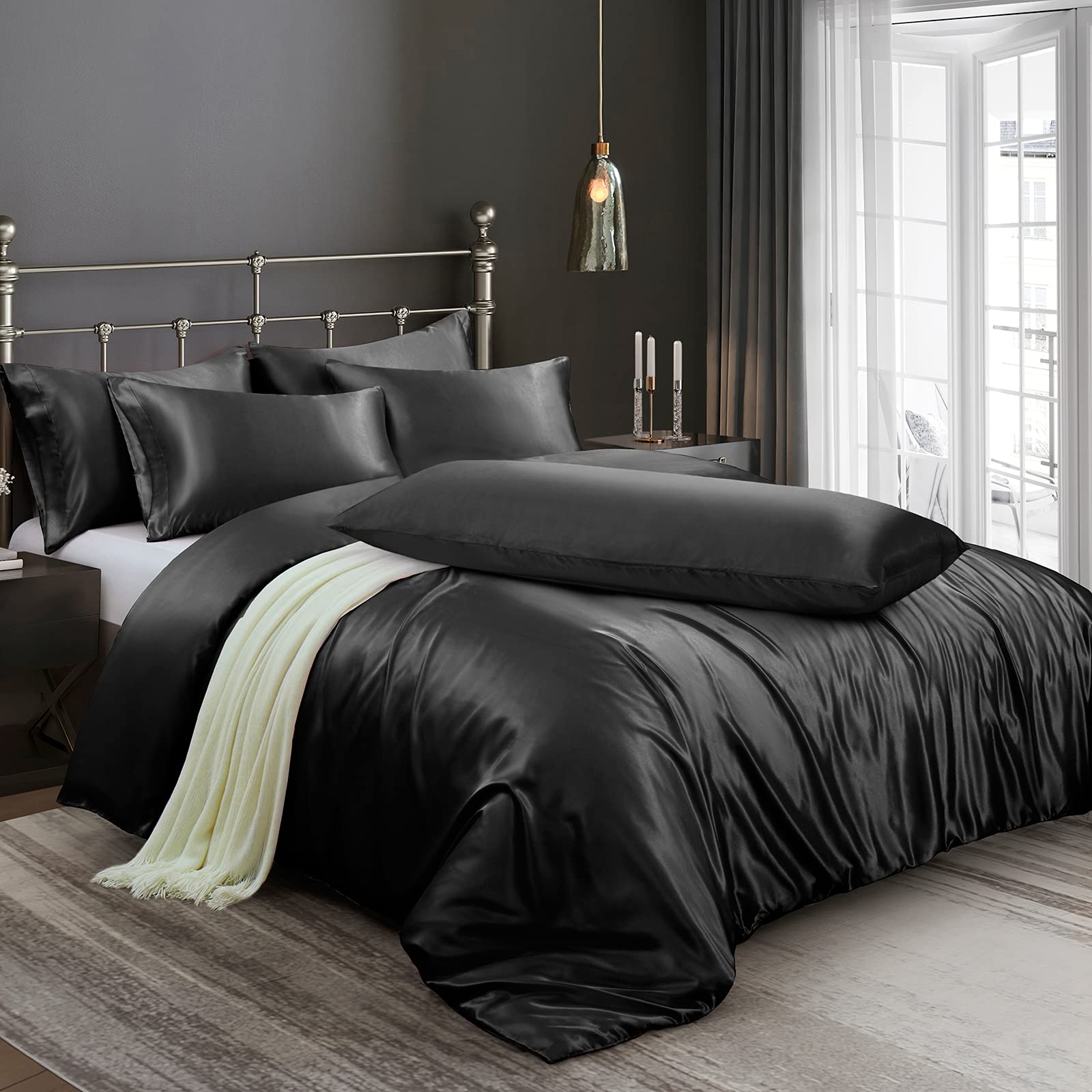 Ersmak 6 Pieces Satin Duvet Cover Full/Queen Size Luxury Silky Bedding Duvet Cover Set with 1 Soft Duvet Cover, 4 Queen Pillowcases and 1 Body Pillowcase, Black