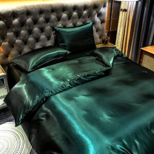 Erosebridal Hotel Green Duvet Cover Set Queen Silk Like Satin Bedding Set Summer Reversible Comforter Cover Honeymoon Sexy Luxury Soft Lightweight Brushed Bedspread Cover for Farmhouse Bedroom Decor