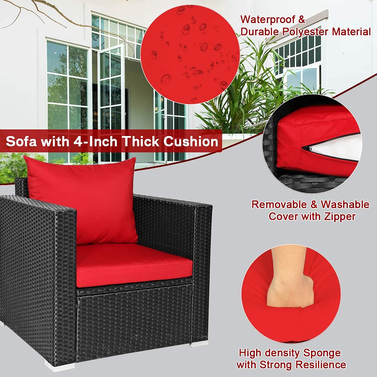 BETTARY 4 PCS Patio Rattan Chair Set, Sofa Set w/Tempered Glass Coffee Table, Conversation Set w/Seat & Back Cushions, Outdoor Wicker Sectional Furniture Set for Garden/Yard/Poolside (1, Red)