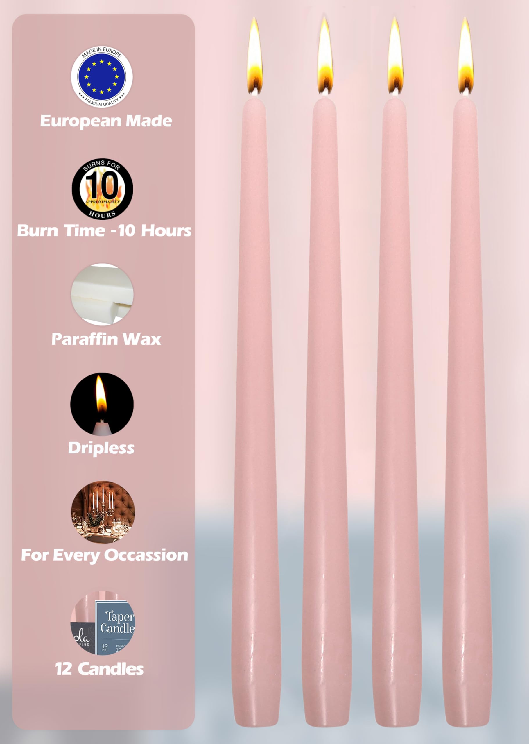 Hyoola Tall Taper Candles - 12 Inch Light Pink Unscented Dripless Taper Candles - 10 Hour Burn Time - 12 Pack