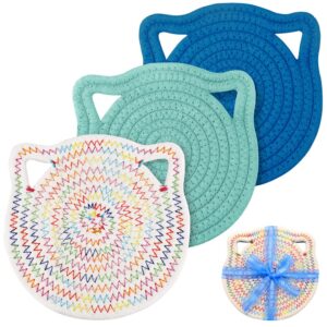 yonovo 7" cotton trivets set, 3pcs cute cat ear pot holders woven hot pads mats thick heat resistant for hot pots and pans round hot plate holder washable potholders kitchen farmhouse gift blue