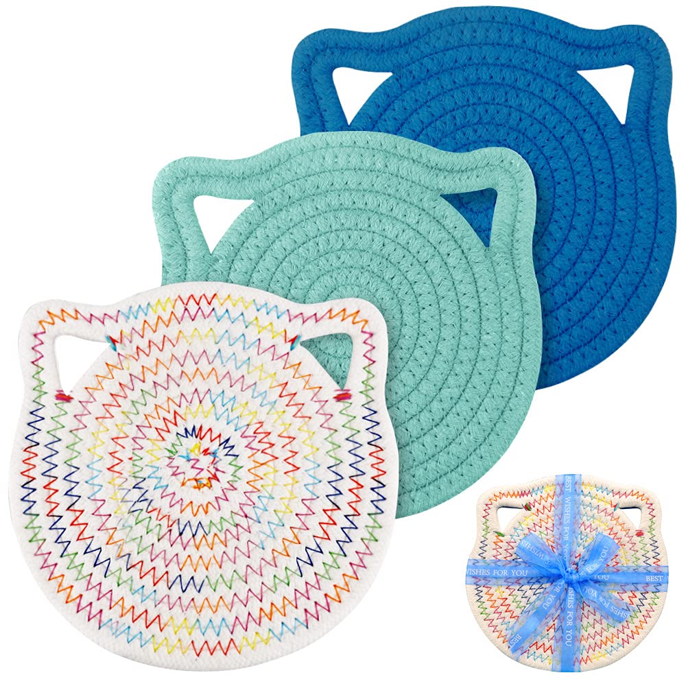 YONOVO 7" Cotton Trivets Set, 3Pcs Cute Cat Ear Pot Holders Woven Hot Pads Mats Thick Heat Resistant for Hot Pots and Pans Round Hot Plate Holder Washable Potholders Kitchen Farmhouse Gift Blue