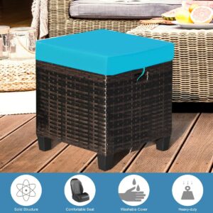 CLEEMAN Outdoor Ottoman Set of 2, All Weather Rattan Wicker Patio Ottoman w/Removable Cushions, Outdoor Footstool Footrest for Patio Garden Porch Poolside (Turquoise)