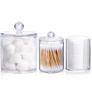 3 pack qtip holder dispenser, 20 oz cotton ball holder + 10oz cotton swab holder + cotton pads dispenser - plastic apothecary jar set, bathroom canister storage organization, vanity makeup organizer