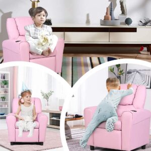 LDAILY Kids Recliner, PU Leather Kids Lounge Chair with Cup Holder, Adjustable Footrest, Ergonomic Toddler Furniture Sofa for Children, Boys & Girls, Living Room, Toddler Recliner, Pink