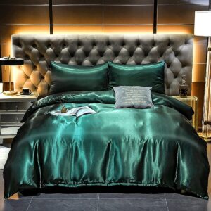 erosebridal hotel green duvet cover set queen silk like satin bedding set summer reversible comforter cover honeymoon sexy luxury soft lightweight brushed bedspread cover for farmhouse bedroom decor