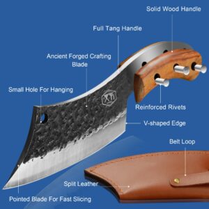 XYJ Full Tang Boning Knife Handmade Forged Butcher Knife Serbian Chef Knife Multi-functional Cleaver With Leather Sheath For Kitchen Camping or BBQ