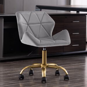 DUHOME Cute Home Office Chair, Velvet Swivel Desk Chair Armless Hydraulic Rolling Computer Chair with Backrest Golden Base for Teens Girls, Grey