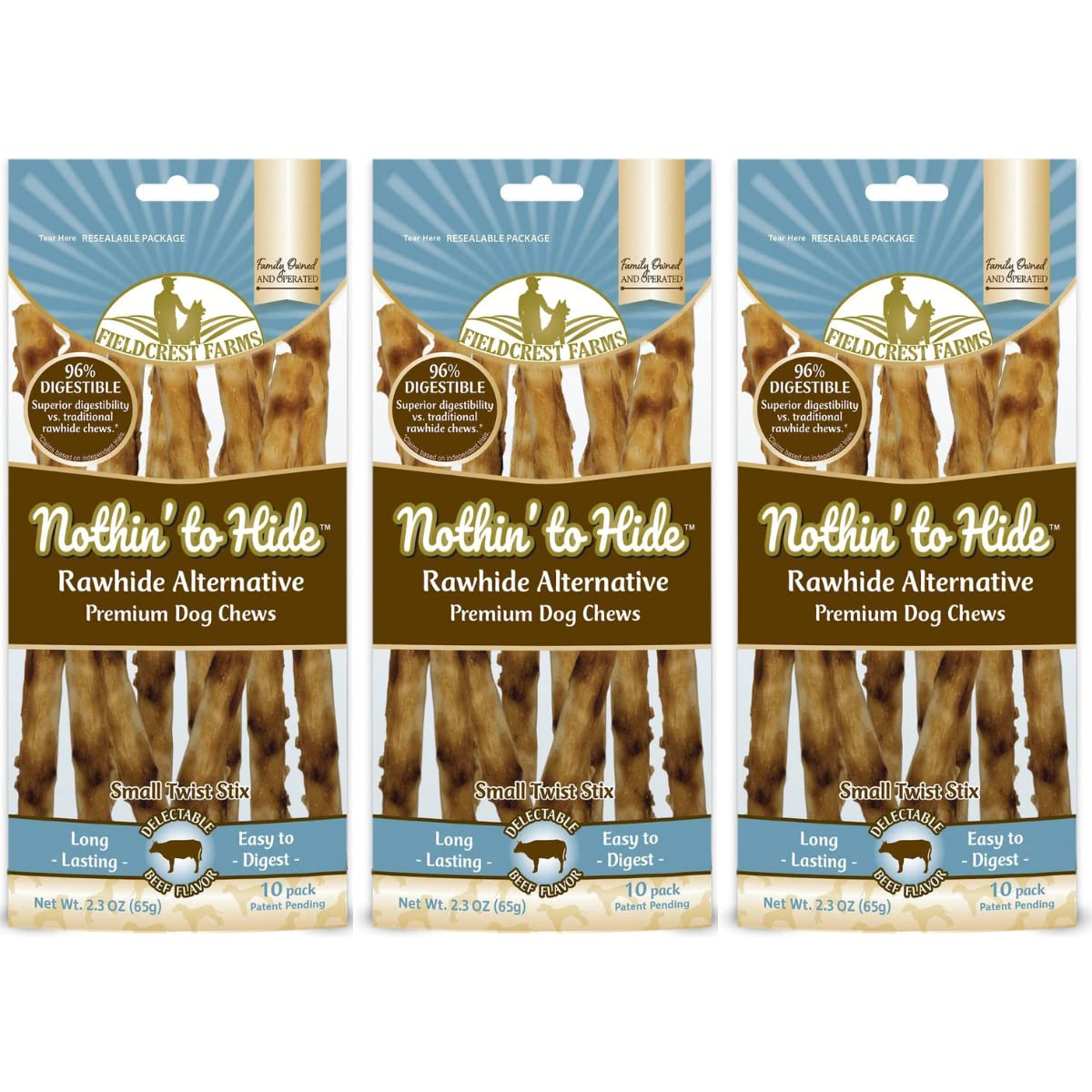 Fieldcrest Farms Nothing to Hide Natural Rawhide Alternative Twist Stix for Dogs - 3 Pack (30 Sticks) Premium Grade Easily Digestible Chews - Great for Dental Health (Beef, Stix)…