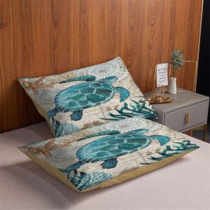 MUSOLEI Ocean Comforter Set Turtle Comforter Set, Sea Turtle Bedding Collections Soft for Teen Boys Turquoise Ocean Themed Mediterranean Style Printed Design Quilt Set Queen Size Comforter（Queen）