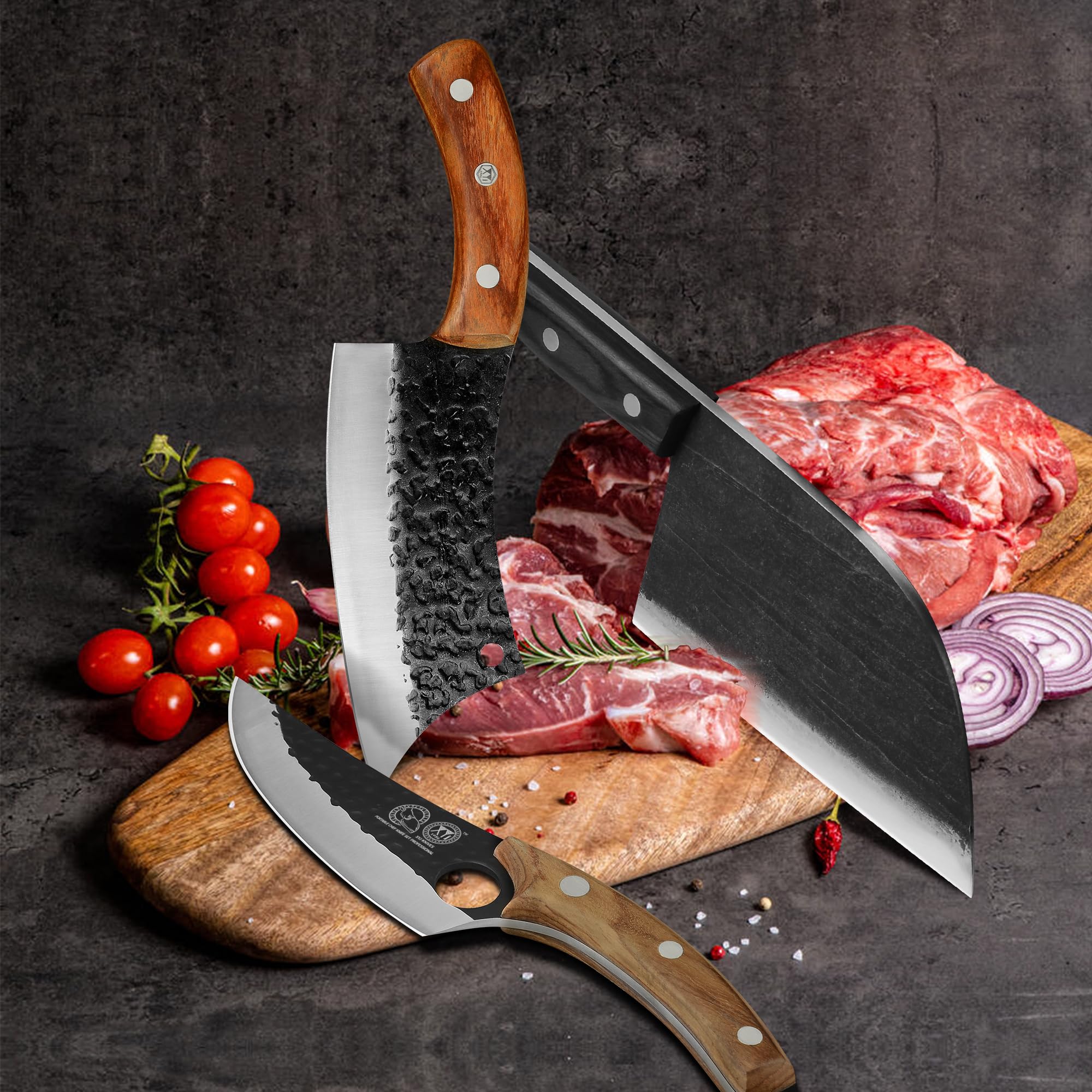 XYJ Full Tang Boning Knife Handmade Forged Butcher Knife Serbian Chef Knife Multi-functional Cleaver With Leather Sheath For Kitchen Camping or BBQ