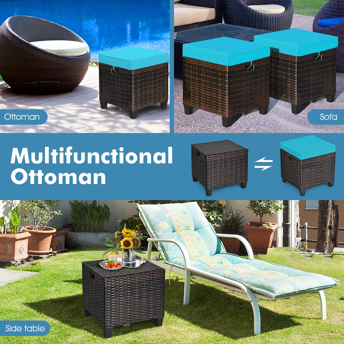 CLEEMAN Outdoor Ottoman Set of 2, All Weather Rattan Wicker Patio Ottoman w/Removable Cushions, Outdoor Footstool Footrest for Patio Garden Porch Poolside (Turquoise)