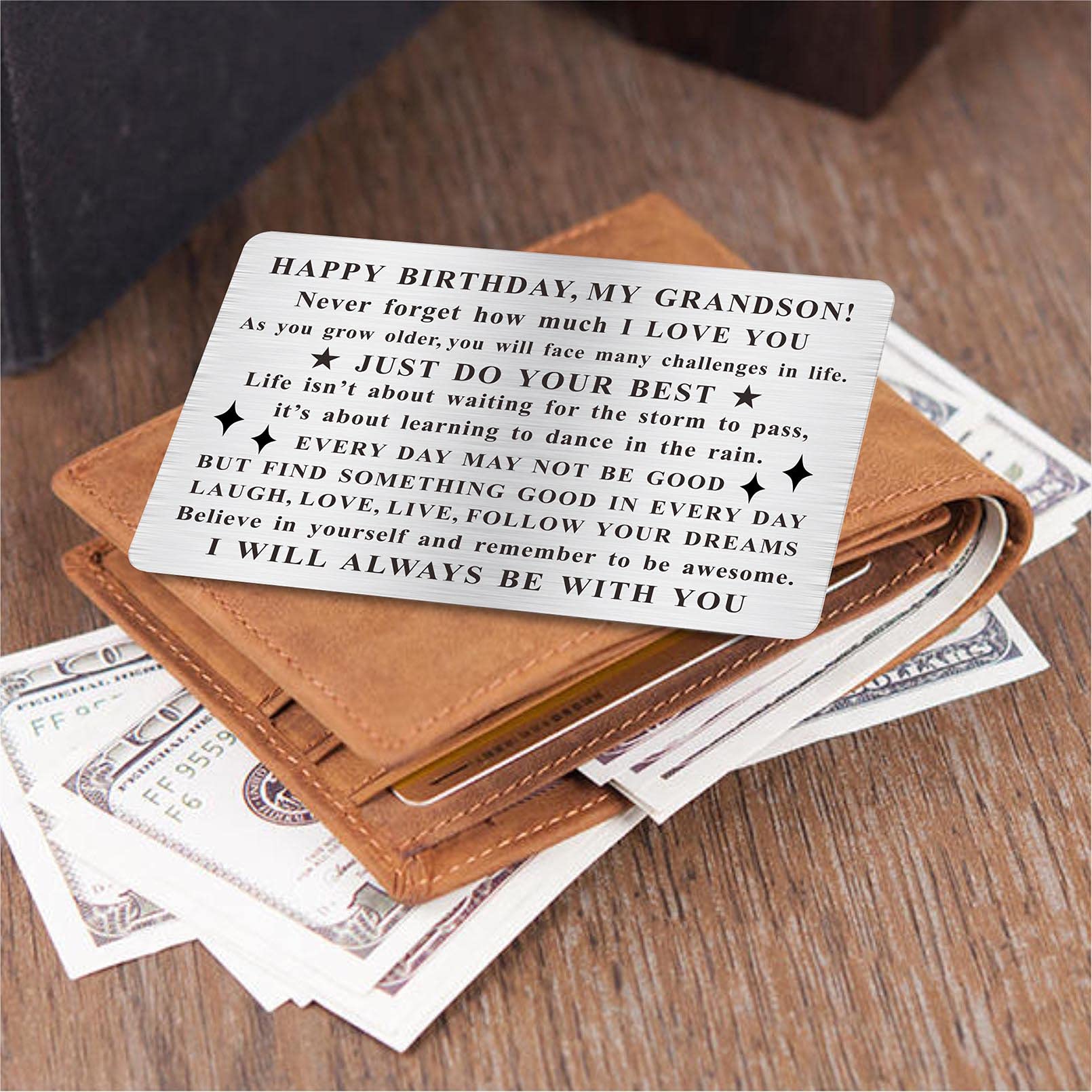 MXRSDF Grandson Birthday Card, Grandson Bday Gift, Engraved Wallet Card