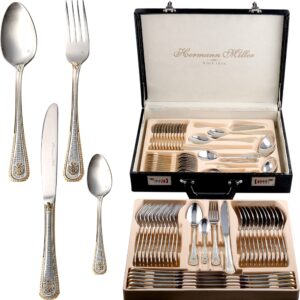 hermann miller royal family collection 72 piece fine flatware silverware set with gift carrying case, elegant design, serves parties 12 people, perfect housewarming graduation for loved ones, gold