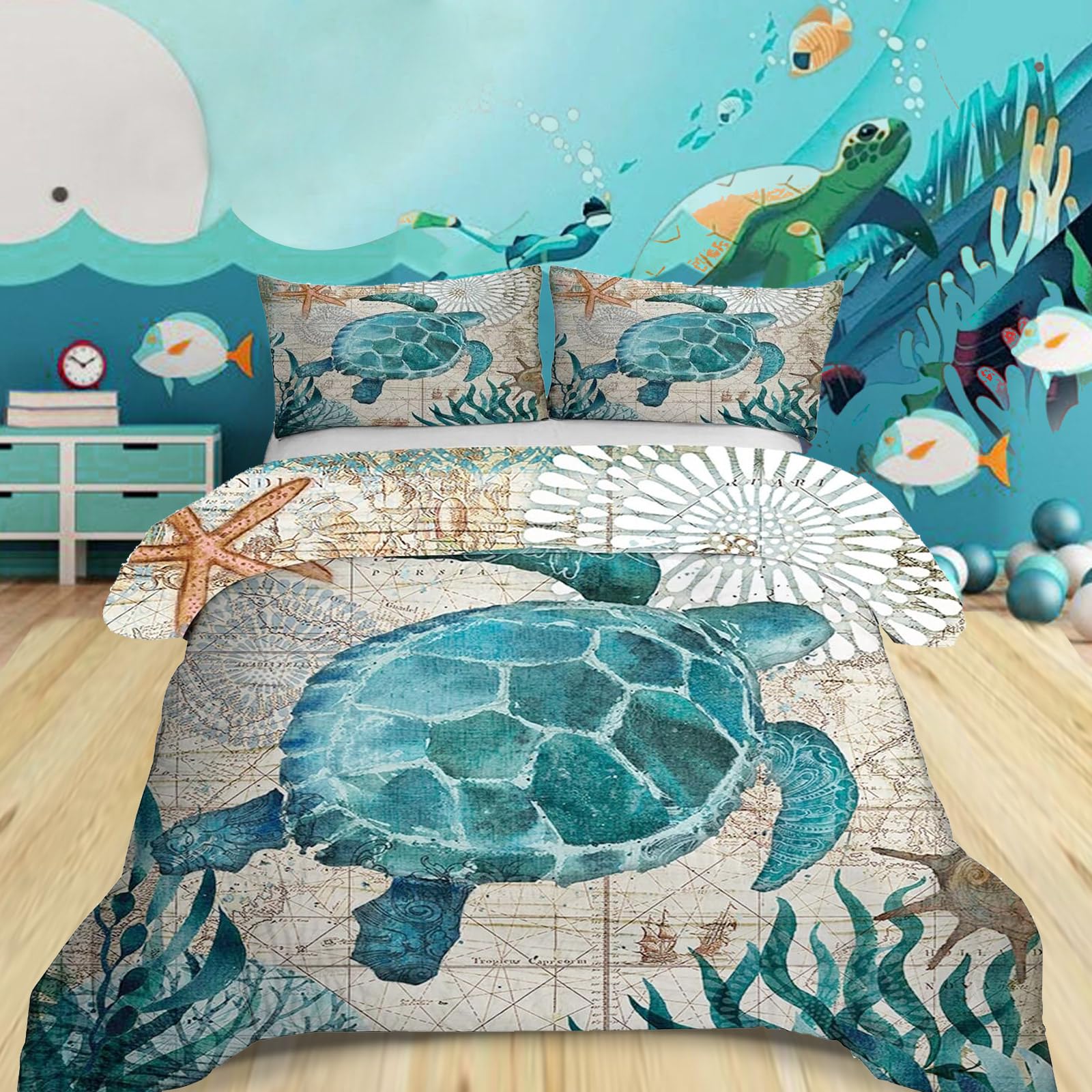 MUSOLEI Ocean Comforter Set Turtle Comforter Set, Sea Turtle Bedding Collections Soft for Teen Boys Turquoise Ocean Themed Mediterranean Style Printed Design Quilt Set Queen Size Comforter（Queen）