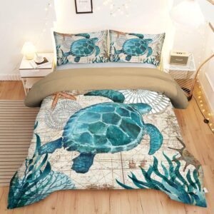 MUSOLEI Ocean Comforter Set Turtle Comforter Set, Sea Turtle Bedding Collections Soft for Teen Boys Turquoise Ocean Themed Mediterranean Style Printed Design Quilt Set Queen Size Comforter（Queen）