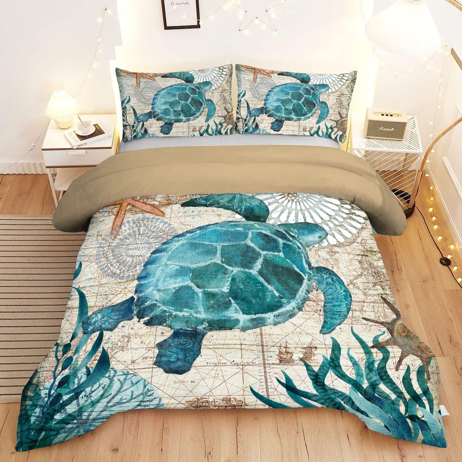 MUSOLEI Ocean Comforter Set Turtle Comforter Set, Sea Turtle Bedding Collections Soft for Teen Boys Turquoise Ocean Themed Mediterranean Style Printed Design Quilt Set Queen Size Comforter（Queen）