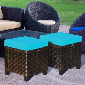 CLEEMAN Outdoor Ottoman Set of 2, All Weather Rattan Wicker Patio Ottoman w/Removable Cushions, Outdoor Footstool Footrest for Patio Garden Porch Poolside (Turquoise)