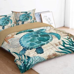 MUSOLEI Ocean Comforter Set Turtle Comforter Set, Sea Turtle Bedding Collections Soft for Teen Boys Turquoise Ocean Themed Mediterranean Style Printed Design Quilt Set Queen Size Comforter（Queen）