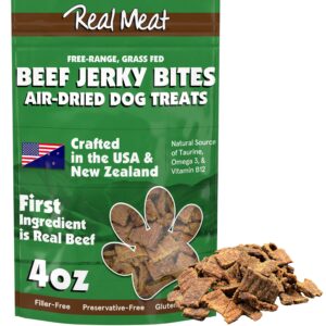 real meat dog treats - 4oz bag of bite-sized air-dried beef jerky for dogs - grain-free jerky dog treats made up of 95% human-grade, free-range, grass fed beef - all-natural high protein dog treats