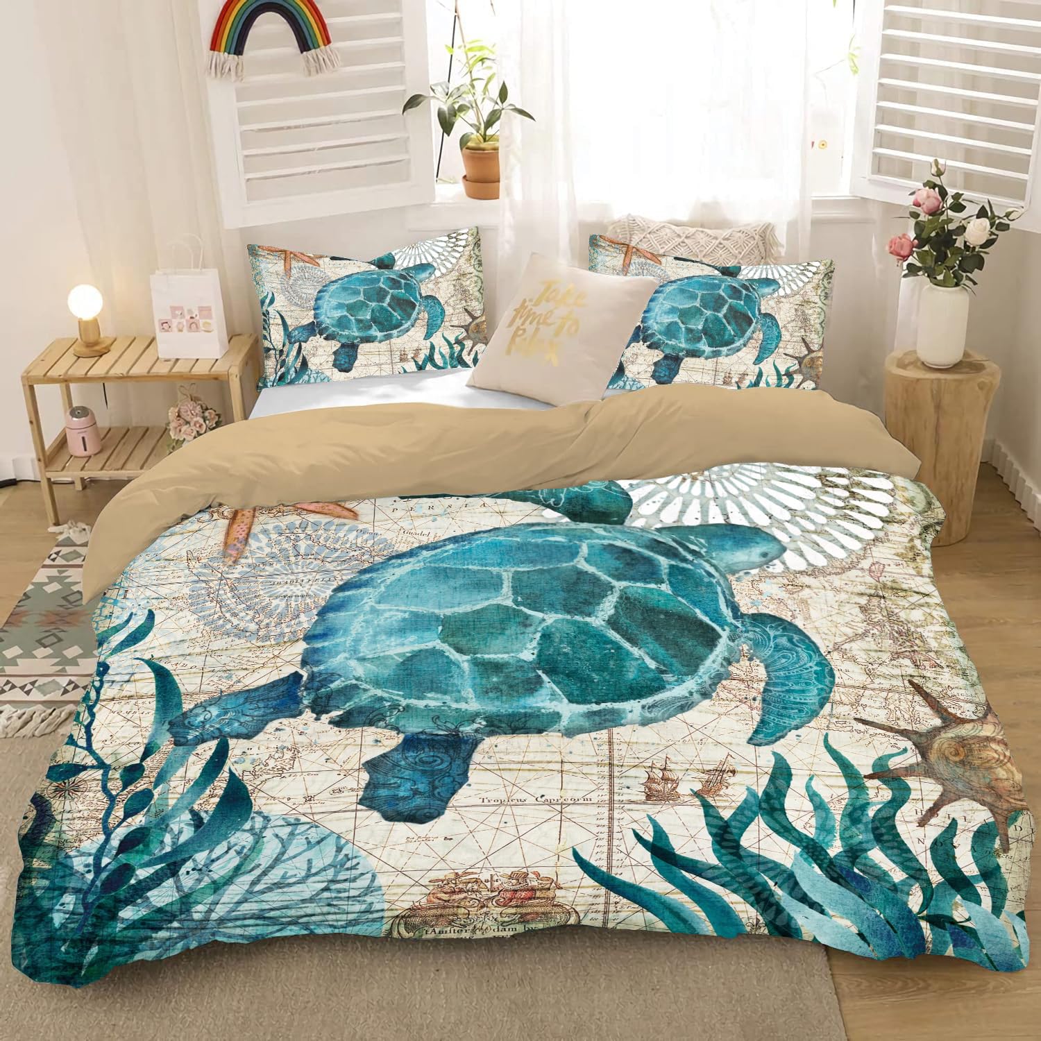 MUSOLEI Ocean Comforter Set Turtle Comforter Set, Sea Turtle Bedding Collections Soft for Teen Boys Turquoise Ocean Themed Mediterranean Style Printed Design Quilt Set Queen Size Comforter（Queen）