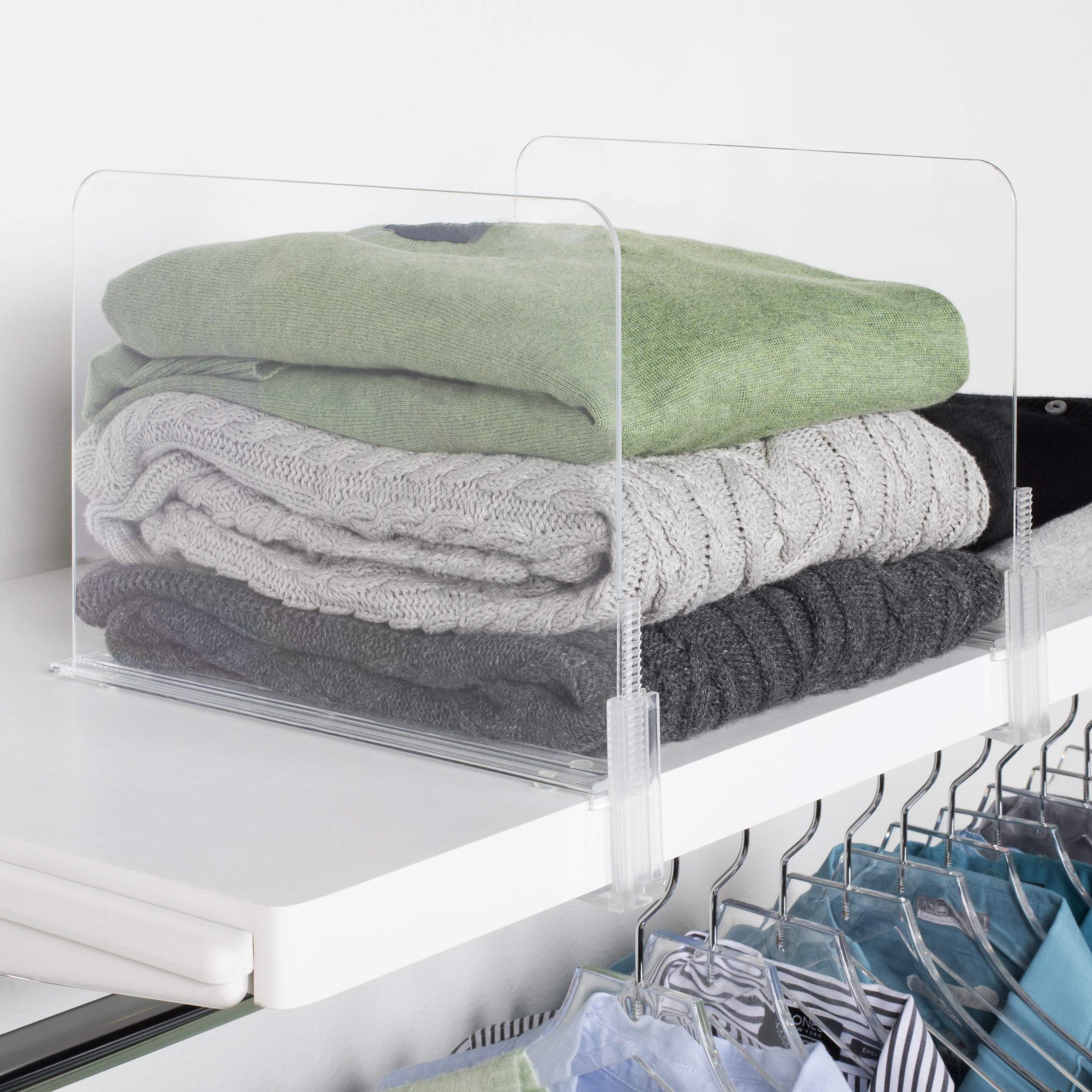 Richards Homewares Acrylic Shelf Dividers - Purse, Sweaters Organizer for Closet - Clear Separators Closet Shelf Organizer - 8 Pack Adjustable up to 2.5” Thick