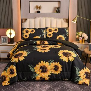 ntbed black sunflowers comforter set queen yellow floral botanical 3-pieces microfiber bedding quilt for girls teens (black, queen)