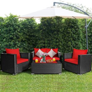 BETTARY 4 PCS Patio Rattan Chair Set, Sofa Set w/Tempered Glass Coffee Table, Conversation Set w/Seat & Back Cushions, Outdoor Wicker Sectional Furniture Set for Garden/Yard/Poolside (1, Red)