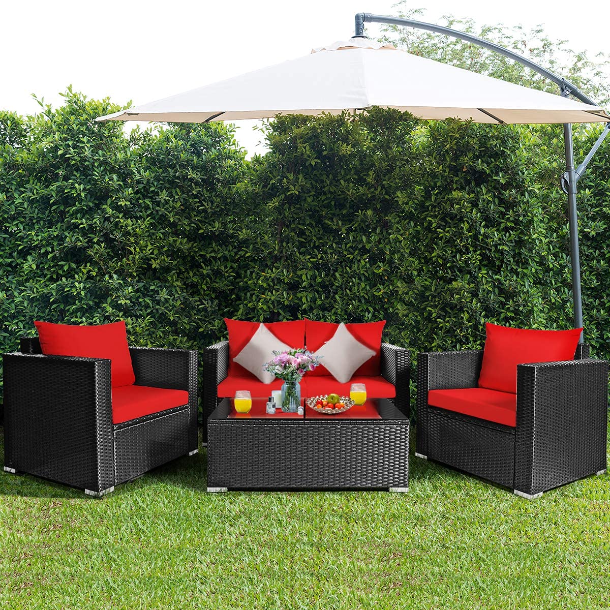 BETTARY 4 PCS Patio Rattan Chair Set, Sofa Set w/Tempered Glass Coffee Table, Conversation Set w/Seat & Back Cushions, Outdoor Wicker Sectional Furniture Set for Garden/Yard/Poolside (1, Red)