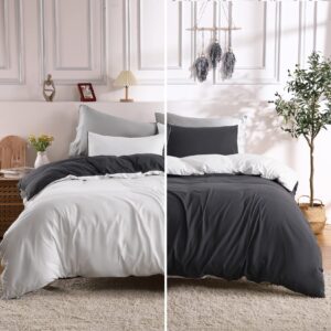 White Duvet Cover King Size, Ultra Soft Double Brushed Microfiber Duvet Cover Set 3 Pieces with Zipper Closure, Reversible Duvet Cover for All Season, White/Charcoal Grey, 104x90 Inches