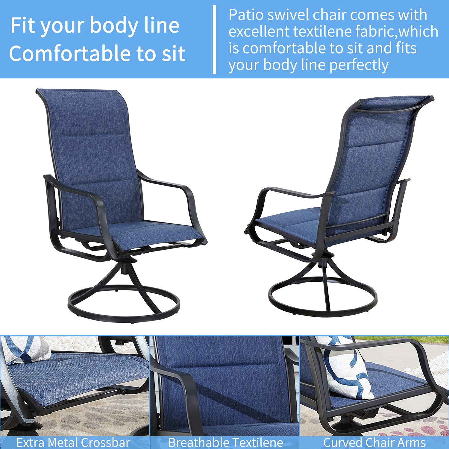 PatioFestival Patio Dining Chairs 2 Pieces Textilene Outdoor High Back Swivel Rockers Set with All Weather Frame (Blue)